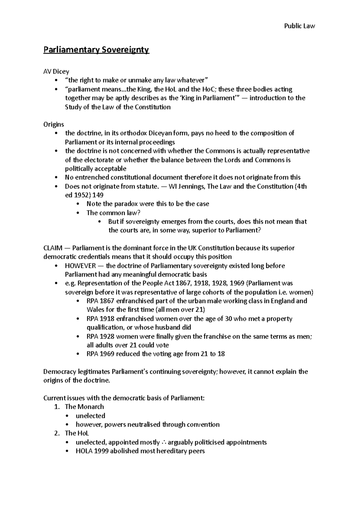 Parliamentary Sovereignty Lecture Notes - Parliamentary Sovereignty AV ...