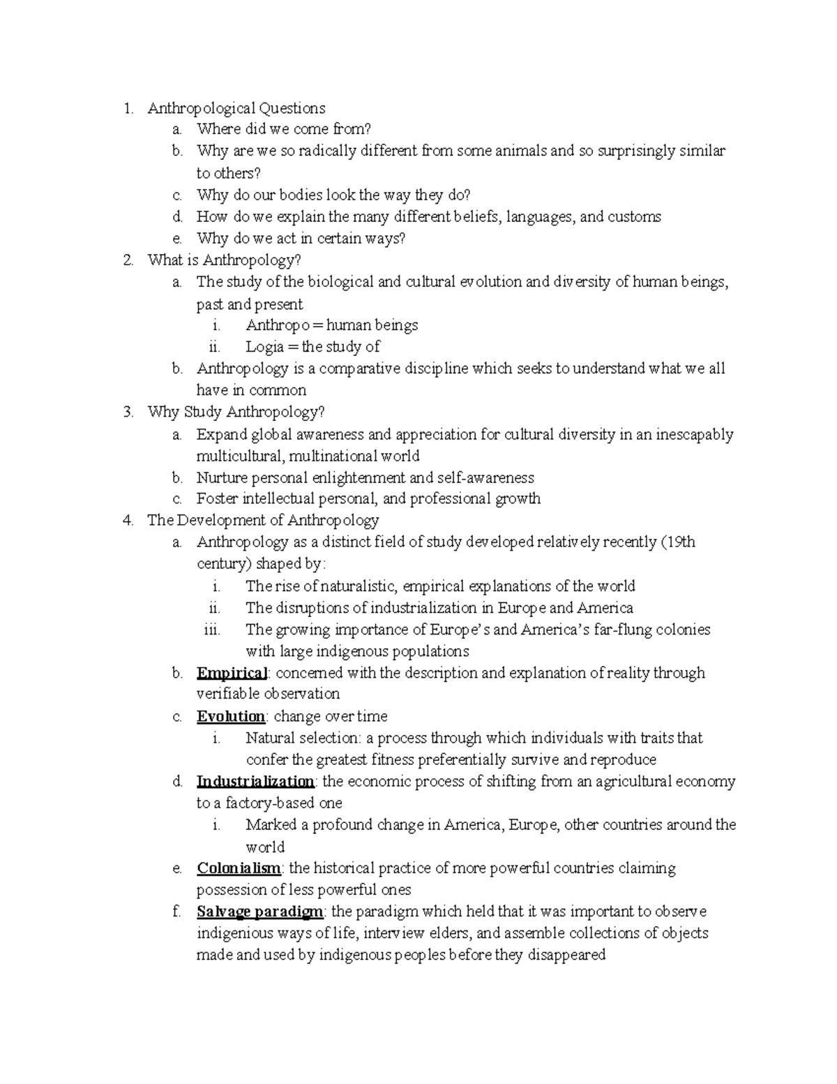 Introduction to Anthropology - Anthropological Questions a. Where did ...