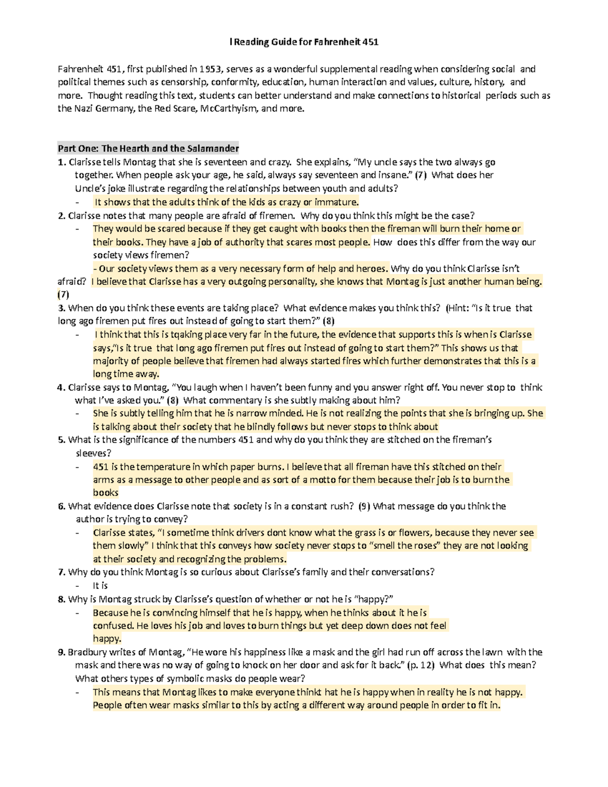 Miley Johnson - Fahrenheit 451 guide - l Reading Guide for Fahrenheit ...