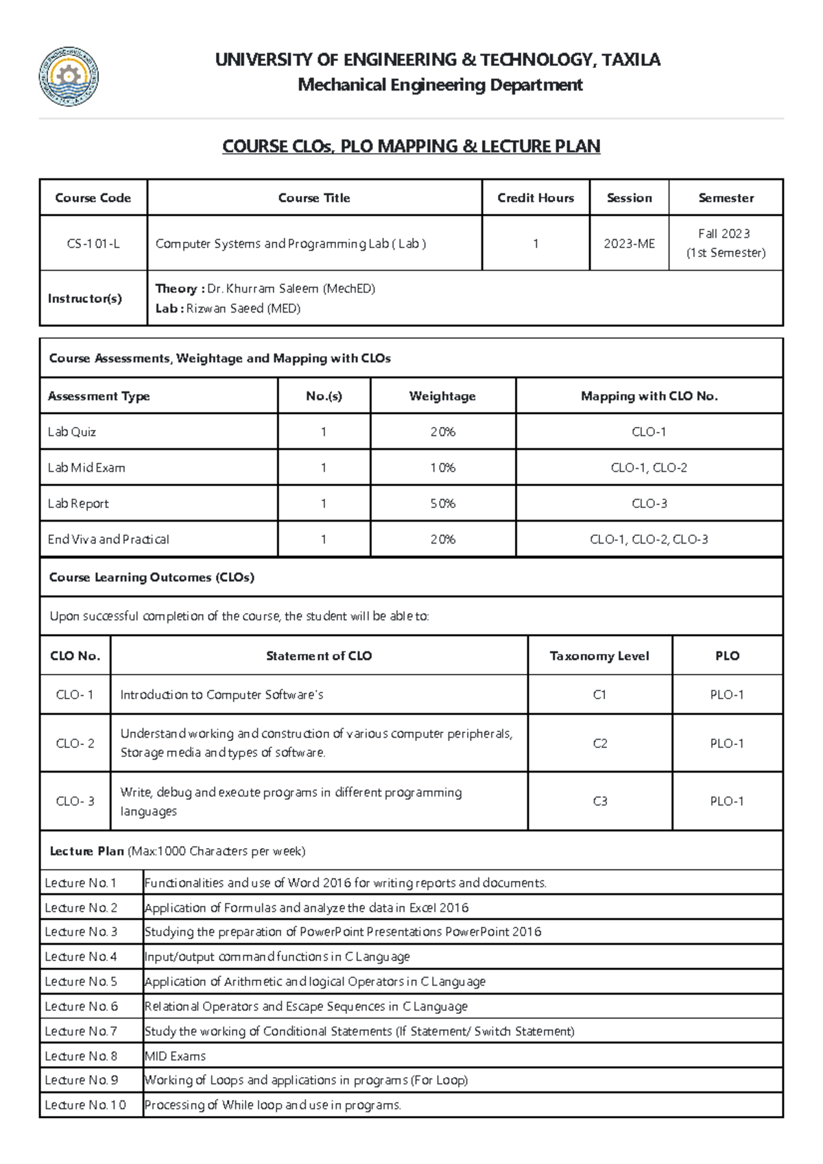 Lecture Plan CS&P 2k23 - UNIVERSITY OF ENGINEERING & TECHNOLOGY, TAXILA ...