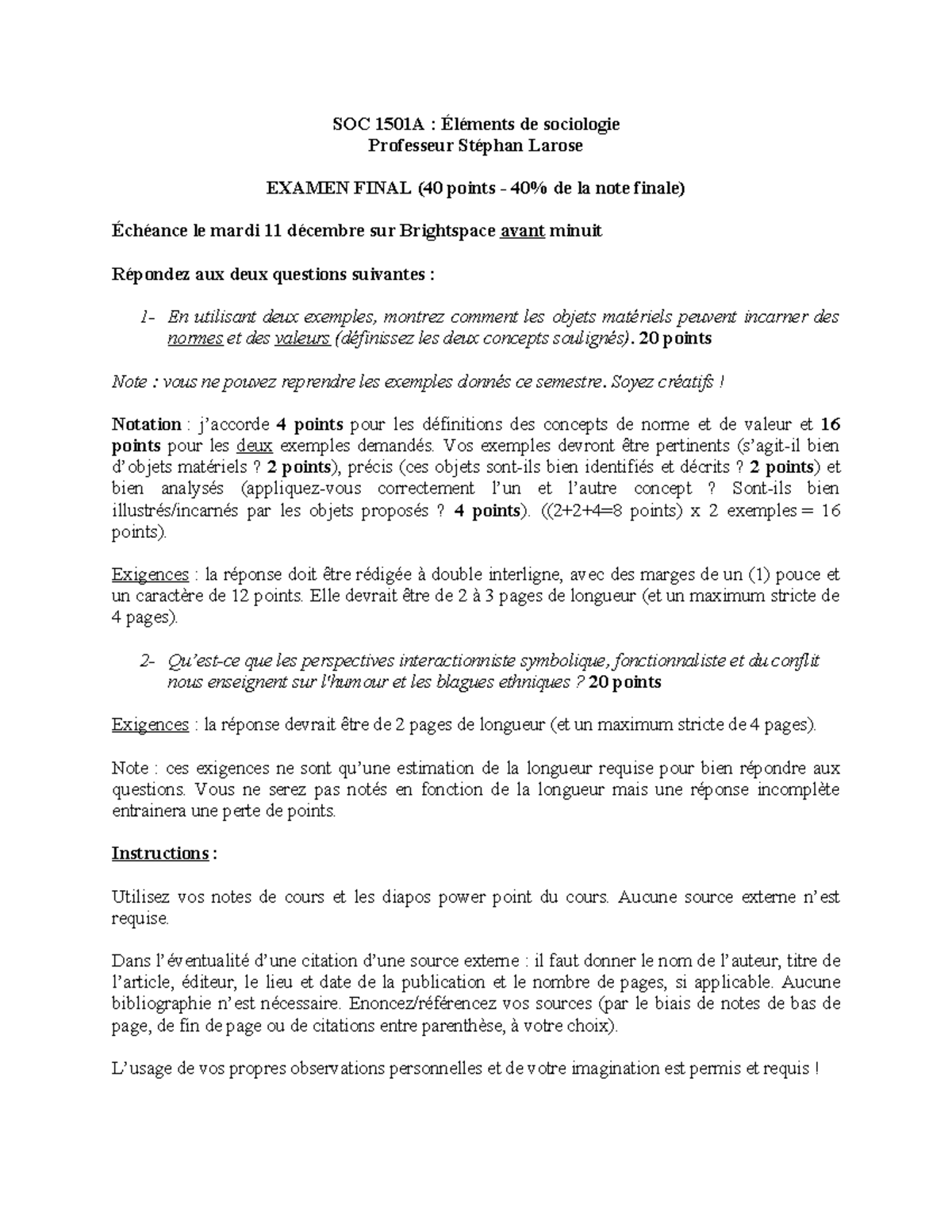 Final - SOC 1501A : Éléments de sociologie Professeur Stéphan Larose ...