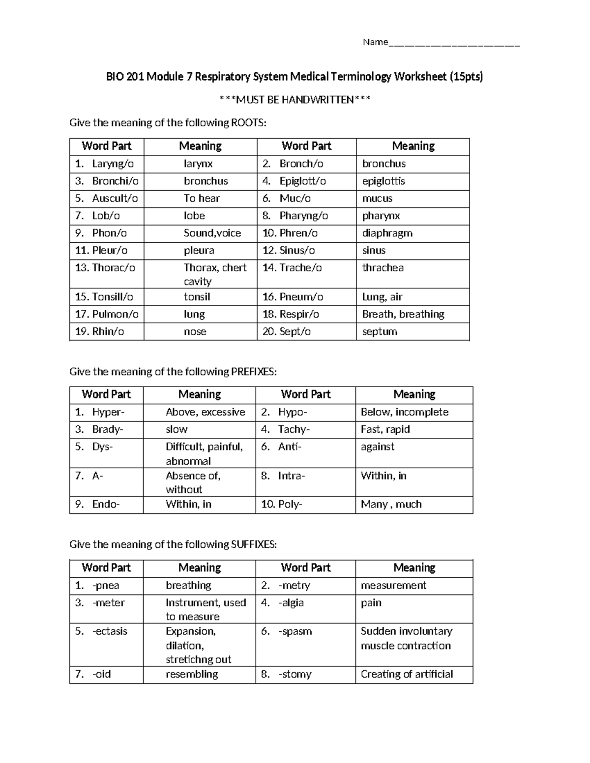 BIO 201 Module 7 Respiratory Medical Terminology Worksheet - BIO 201 ...