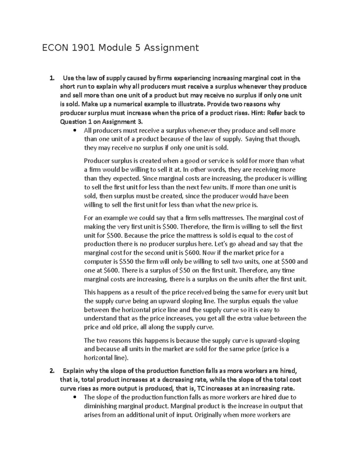 A5 - Assignment 5 - ECON 1901 Module 5 Assignment Use the law of supply caused by firms ...