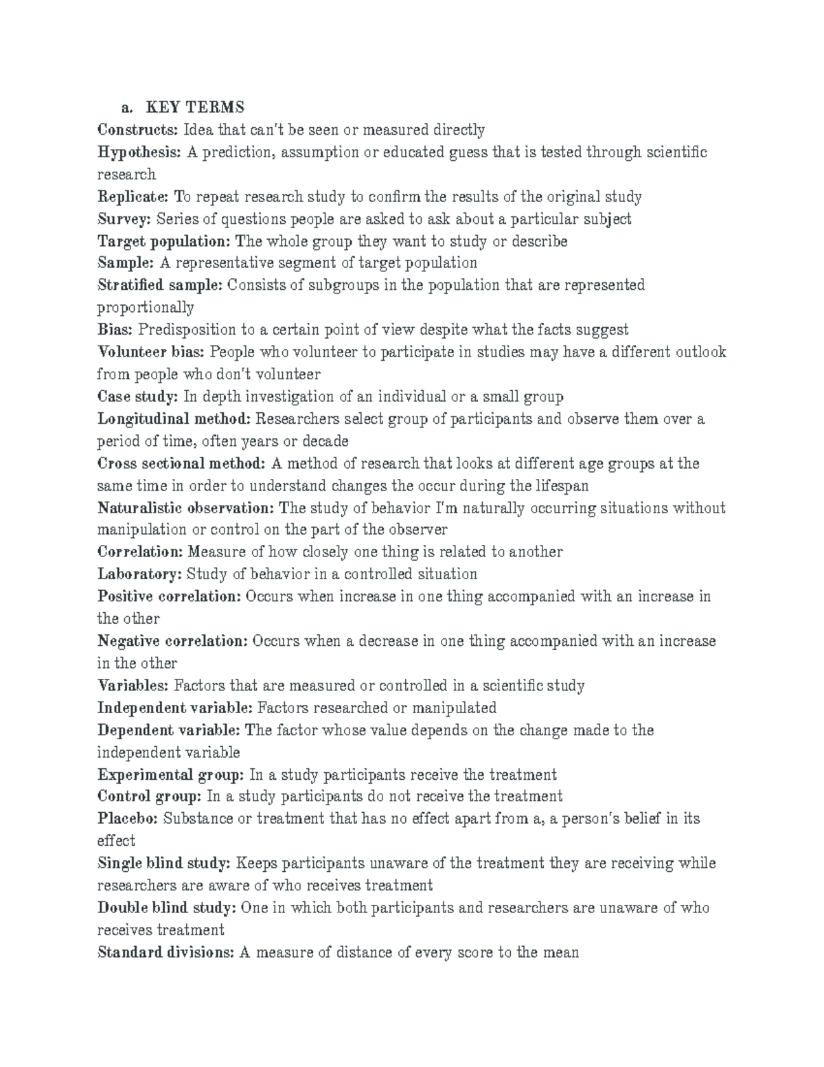 Psychology Chapter 2 - notes - a. KEY TERMS Constructs: Idea that can't ...