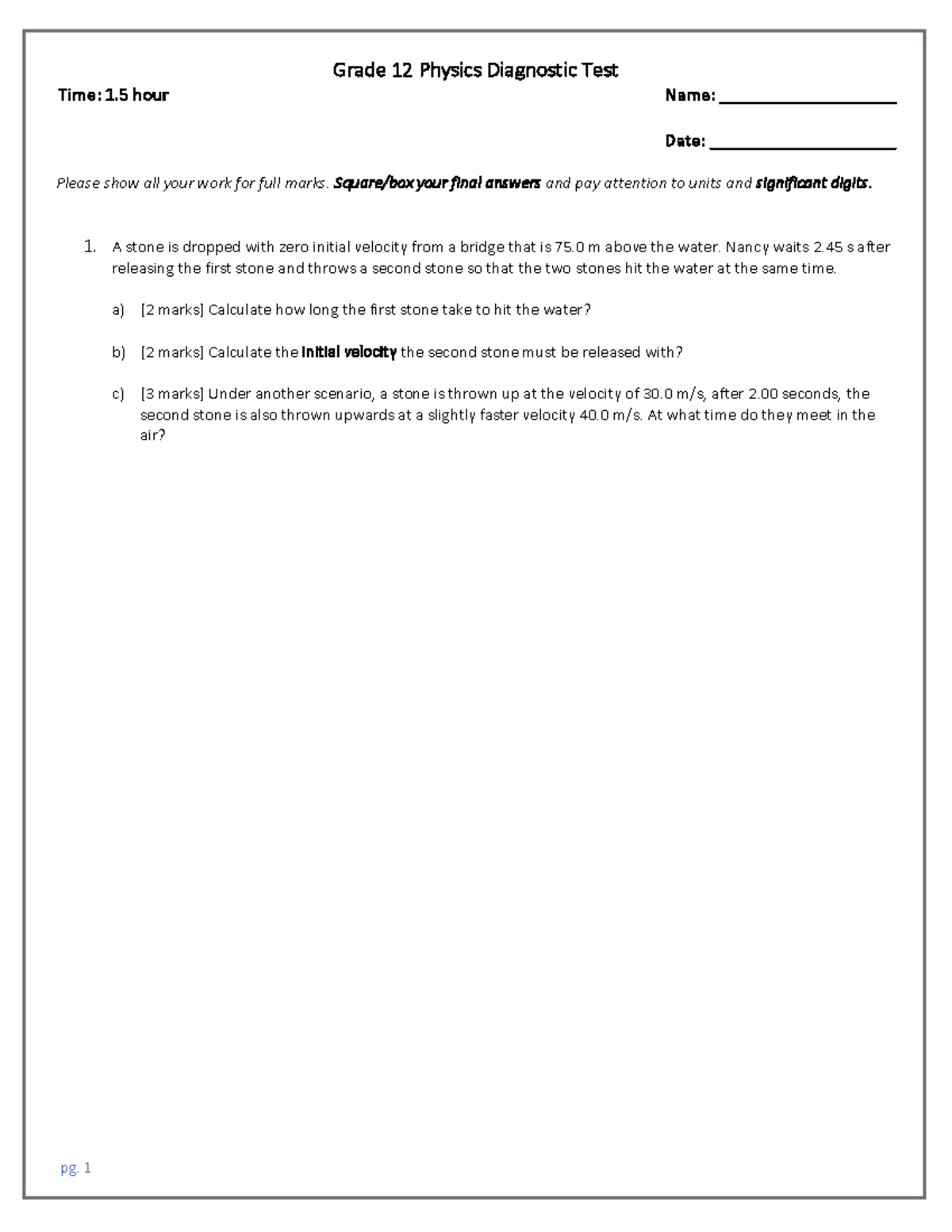 Grade 12 Physics Diagnostic Test - 5 hour Name ...