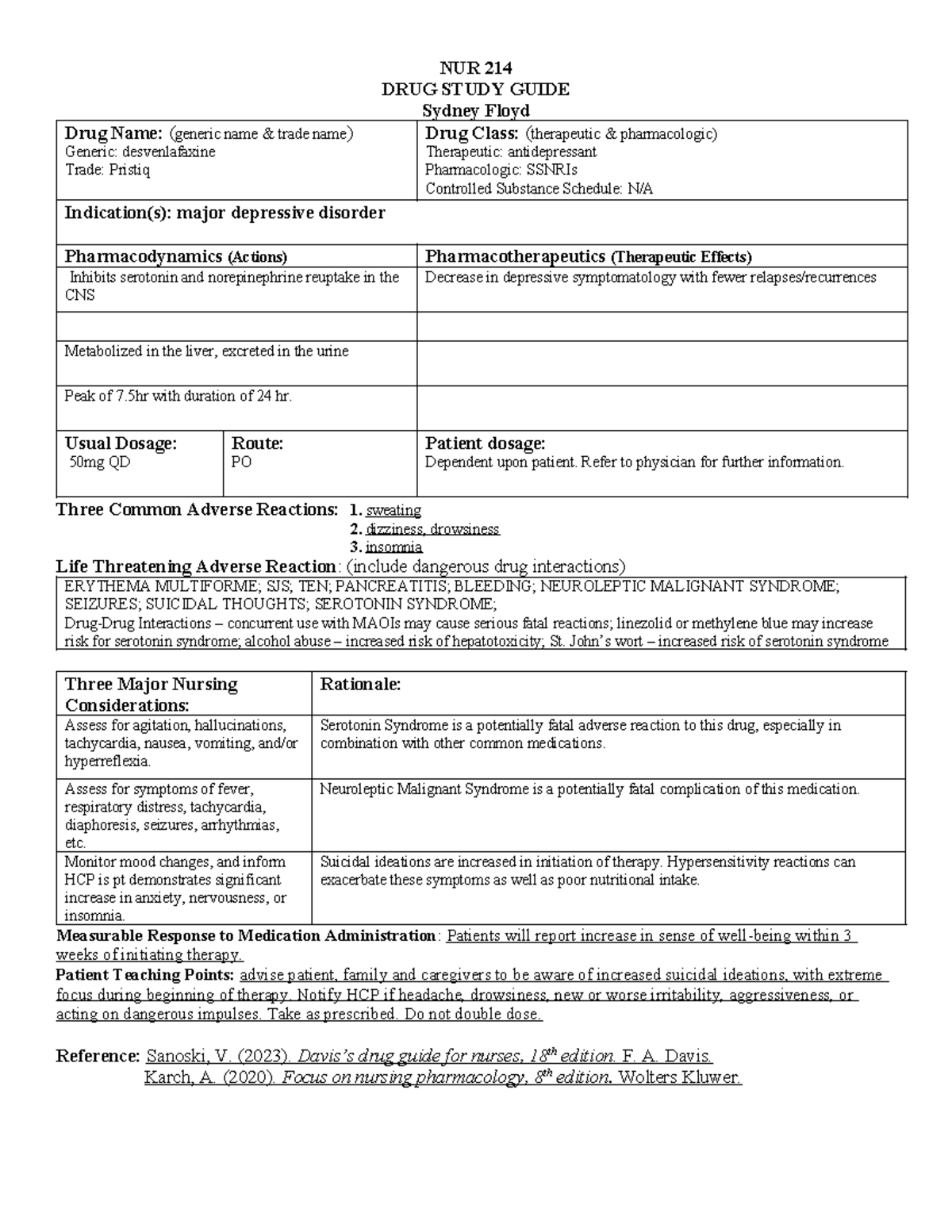 Desvelafaxine - medication template - NUR 214 DRUG STUDY GUIDE Sydney ...