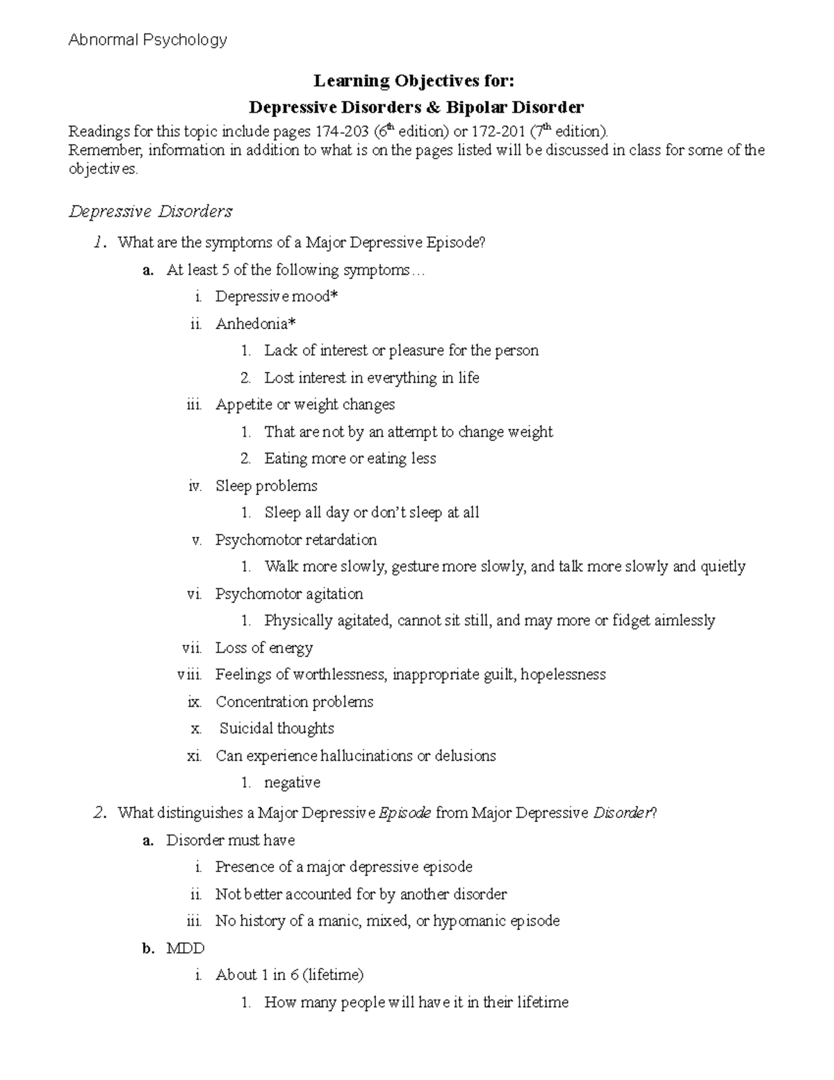 Mood Disorders Learning Objectives CLP - Abnormal Psychology Learning ...