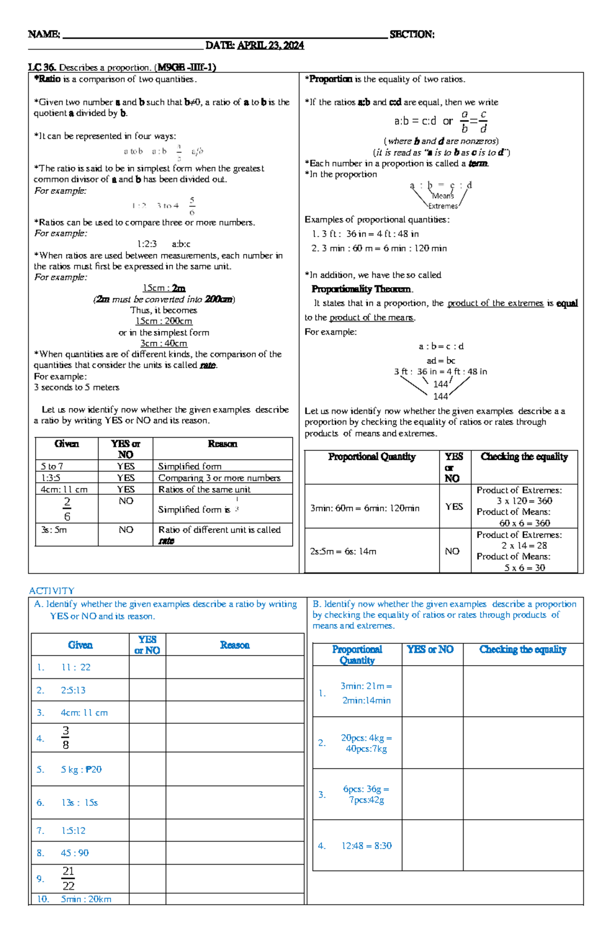 Grade 9 Describes Proportion - NAME: - Studocu