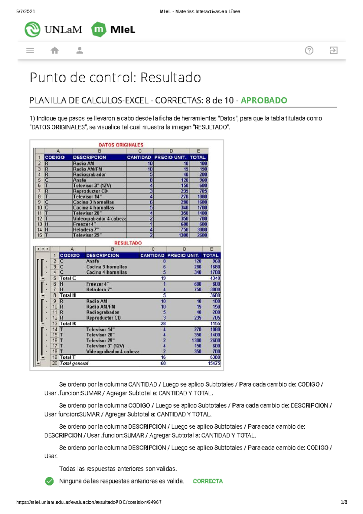 Parciales Unificados 2021- Excel, integracion y PP - Punto de control: Resultado PLANILLA DE ...