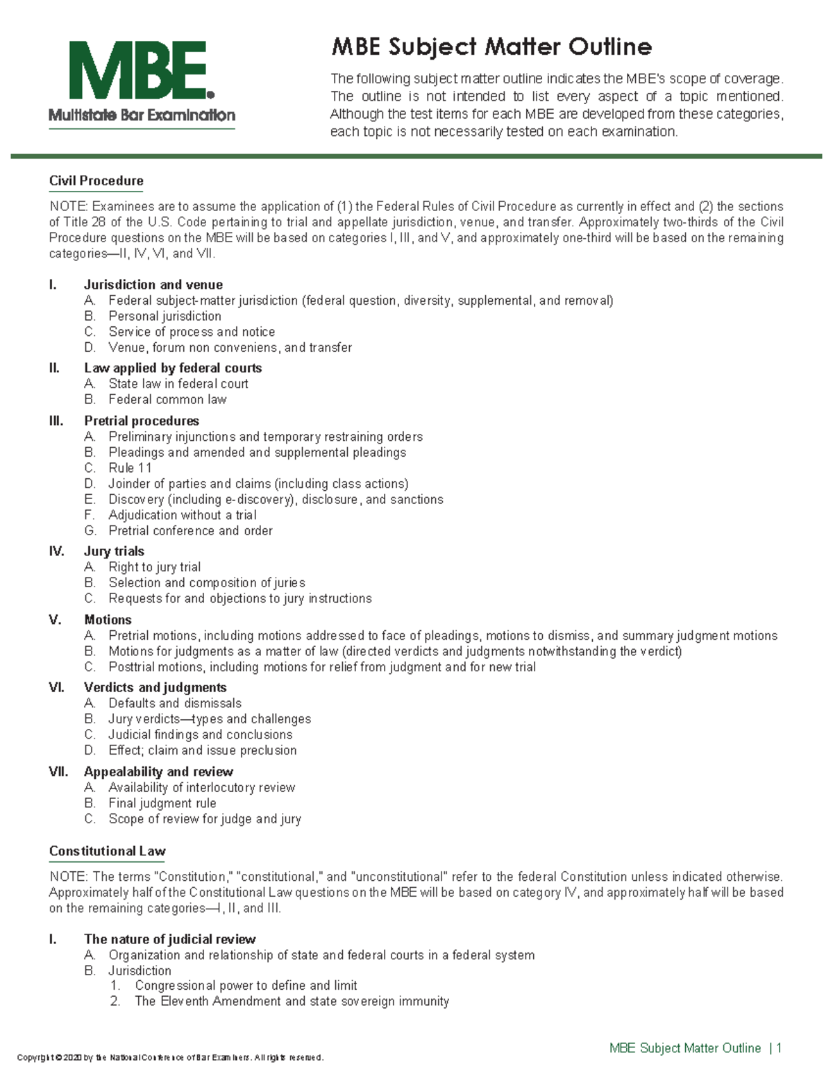 MBE Subject Matter Outline - The outline is not intended to list every ...