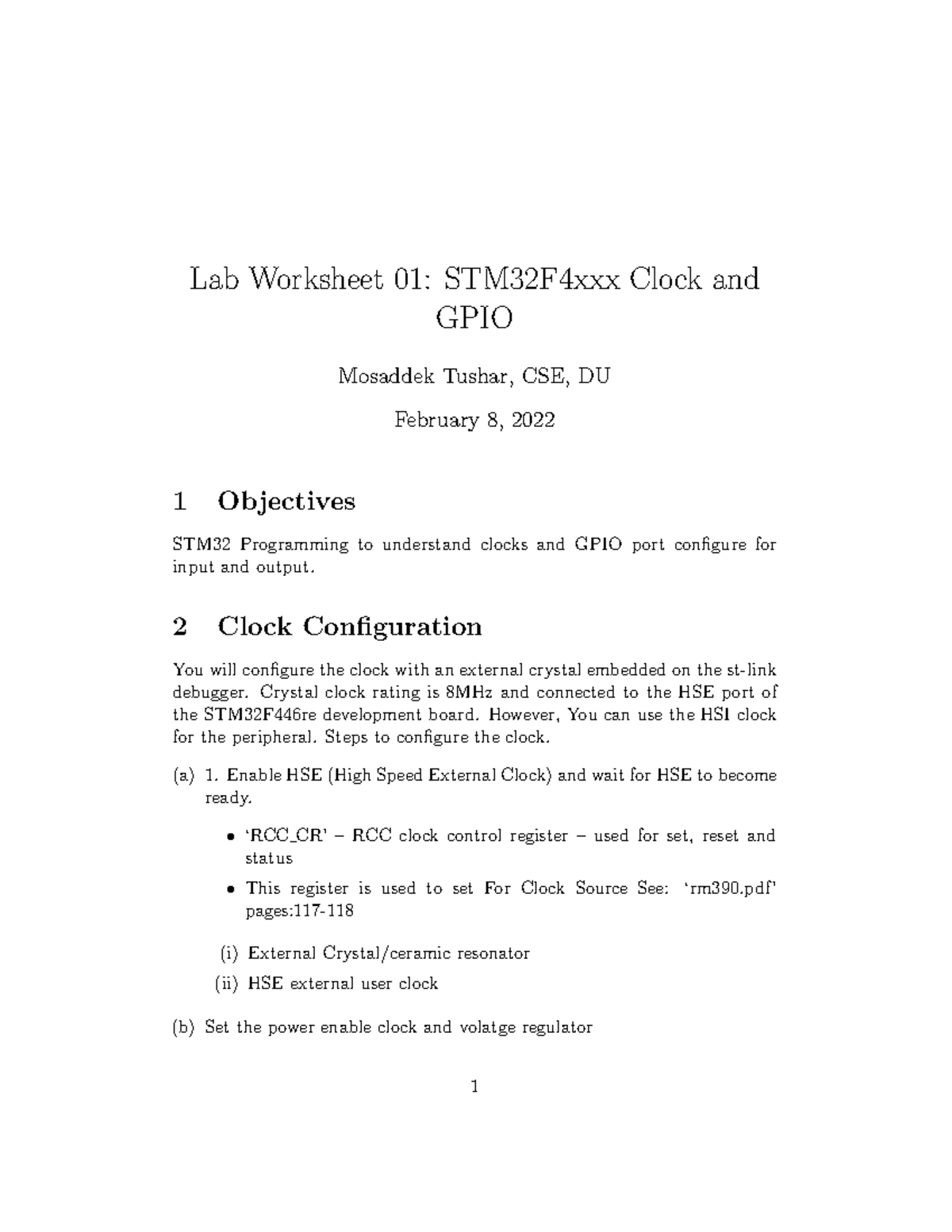 Lab 1 (clock Gpio) - Microcontroller Theory - Lab Worksheet 01: STM32F4xxx Clock and GPIO ...