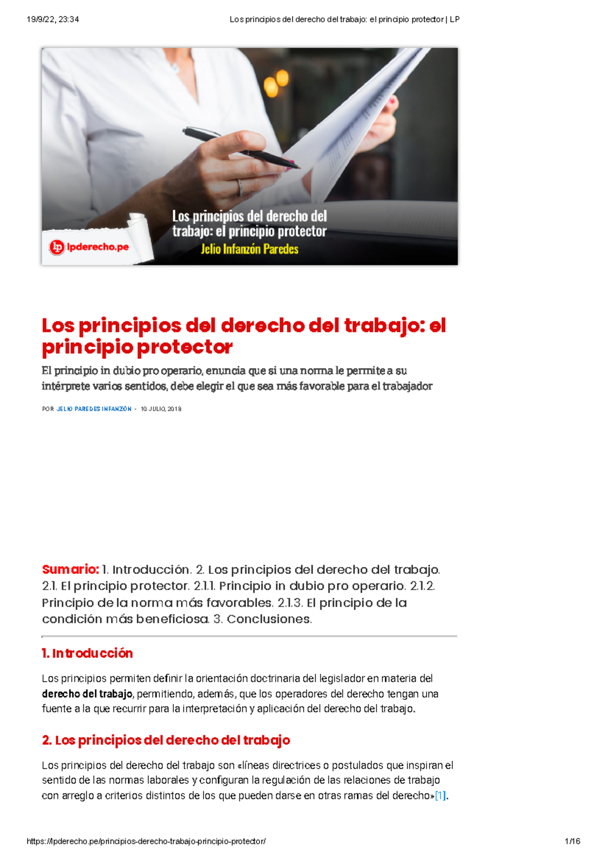 Los principios del derecho del trabajo el principio protector LP - Los principios del derecho ...
