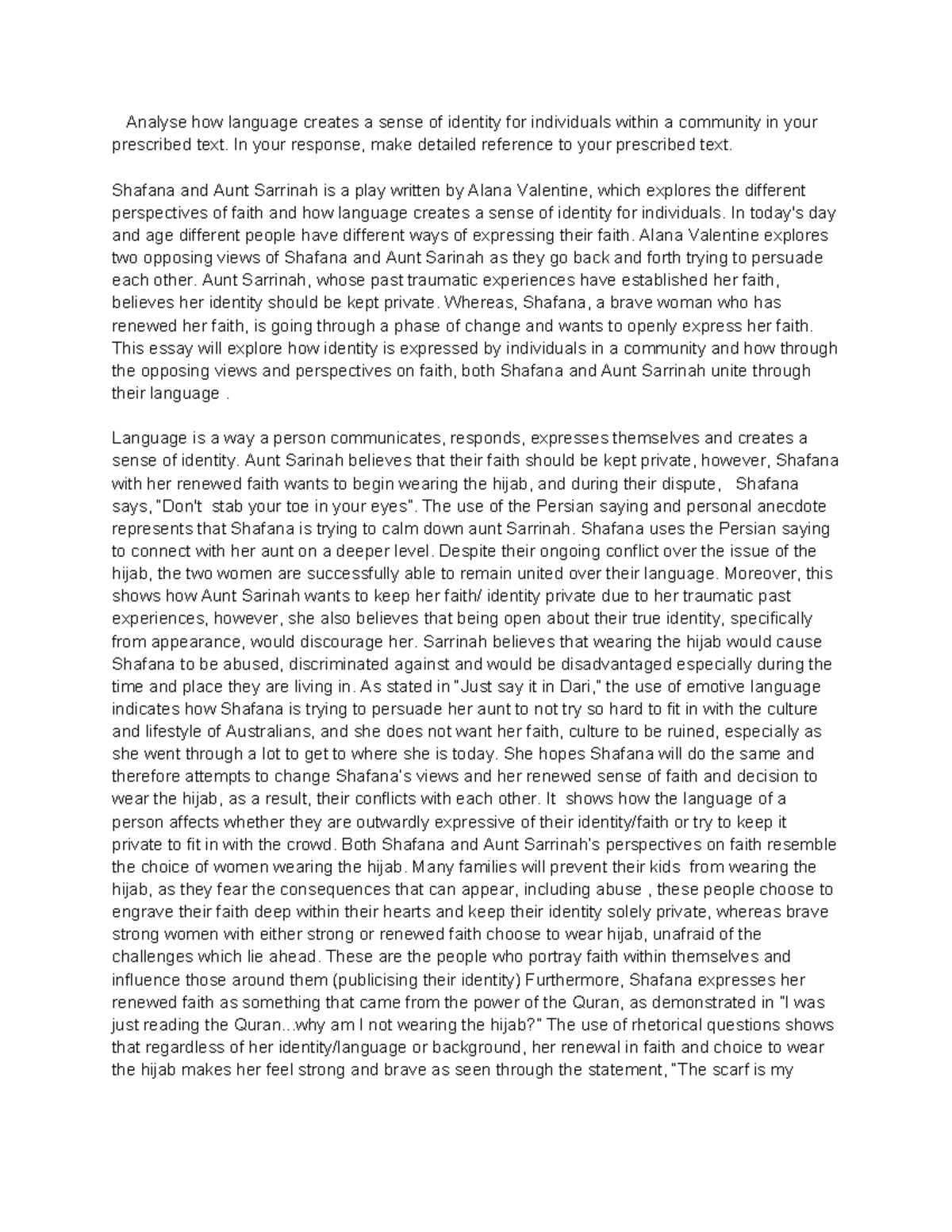 Shafana and aunt Sarinah essay - Analyse how language creates a sense ...