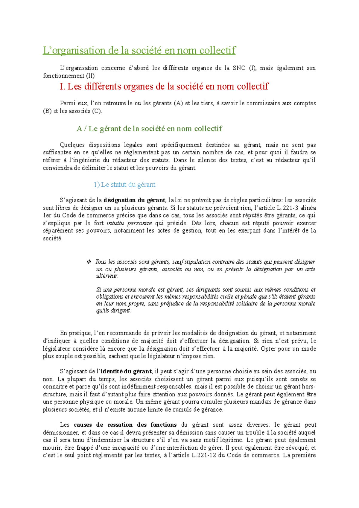 Organisation de la société en nom collectif - de la en nom collectif ...