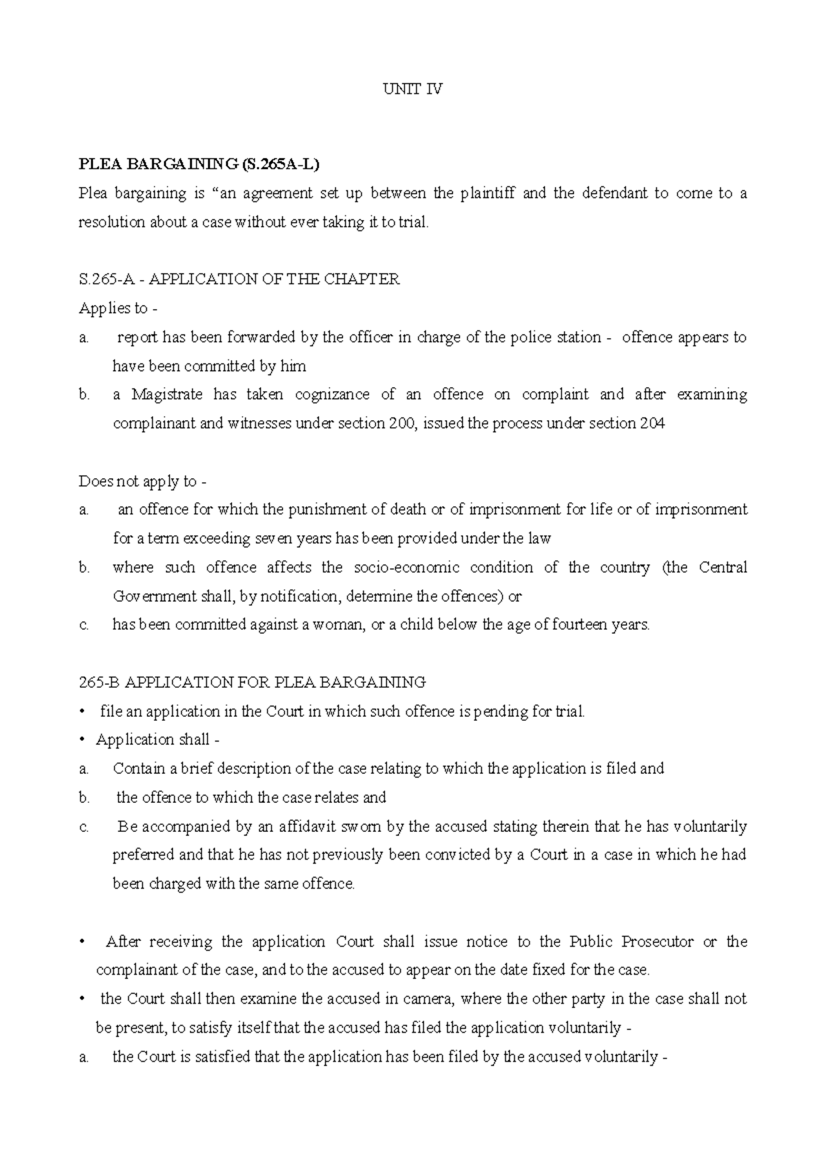 Cr PC - U4 - unit 4 notes - UNIT IV PLEA BARGAINING (S-L) Plea ...