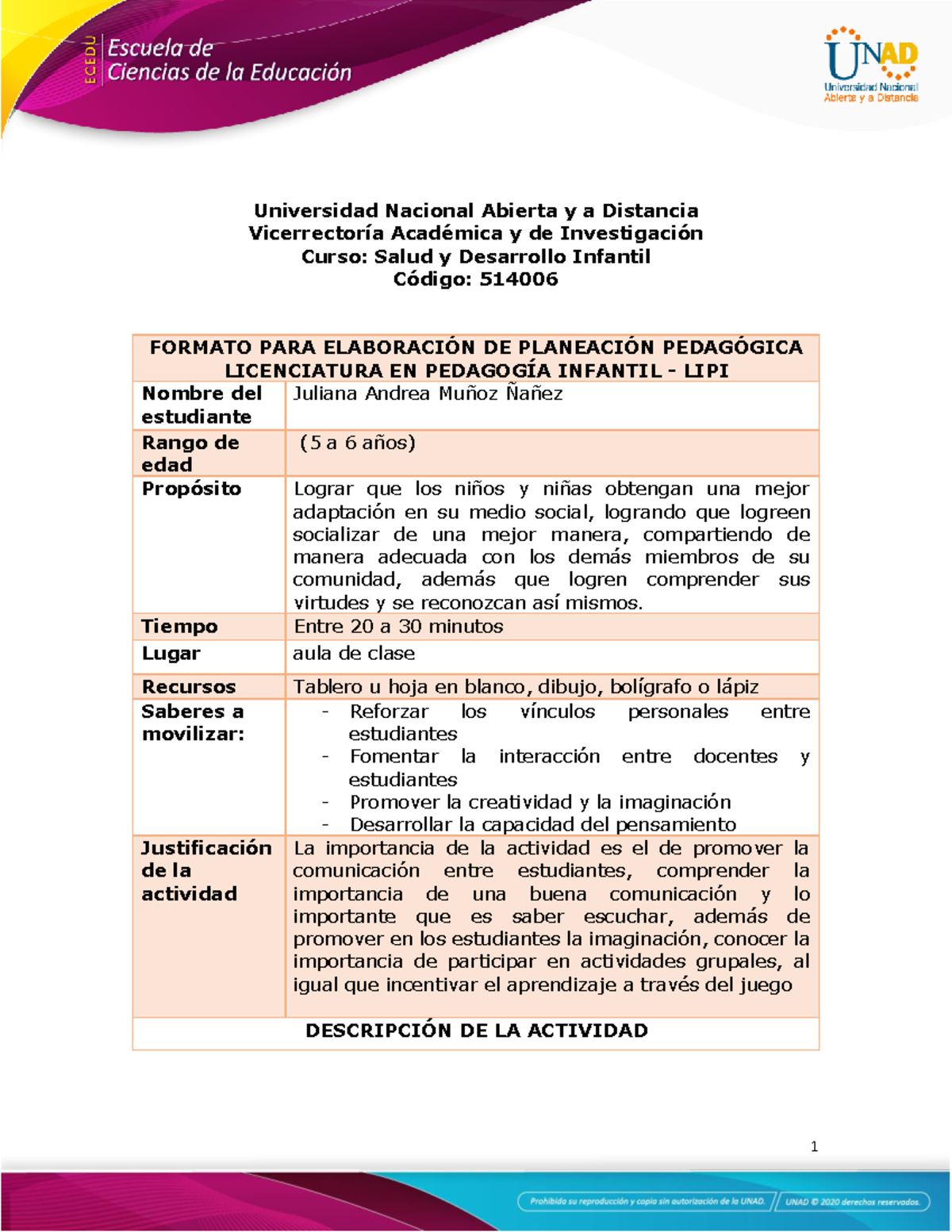 Formato de planeación pedagógica Juliana Muñoz - 1 Universidad Nacional ...