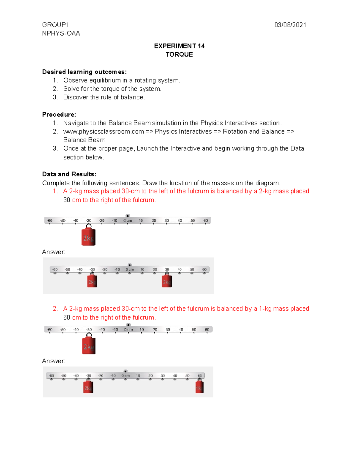 Experiment-14 - Physics Activity Experiment #14: TORQUE - NPHYS-OAA ...