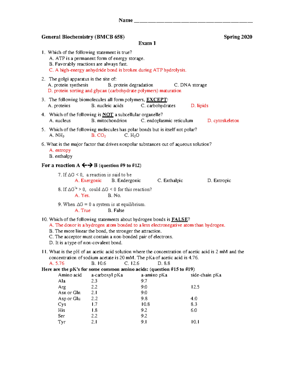 Exam I 2020 + Answers - exam 1 document answer - Name
