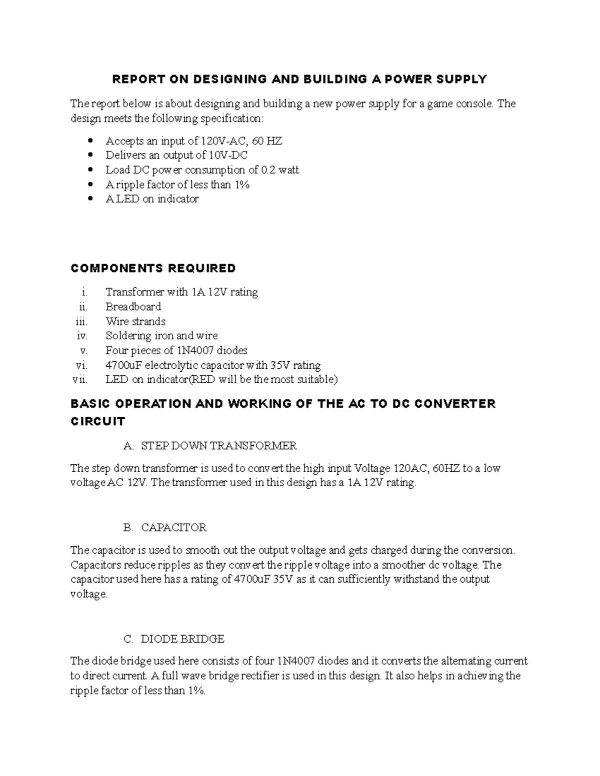 Report ON Designing AND Building A Power Supply - Introduction to Nano ...
