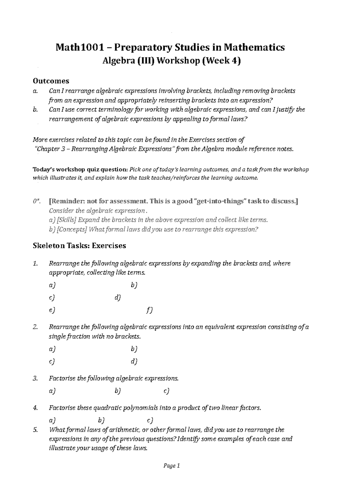 Math1001 Workshop Alg3 - Math1001 – Preparatory Studies in Mathematics ...