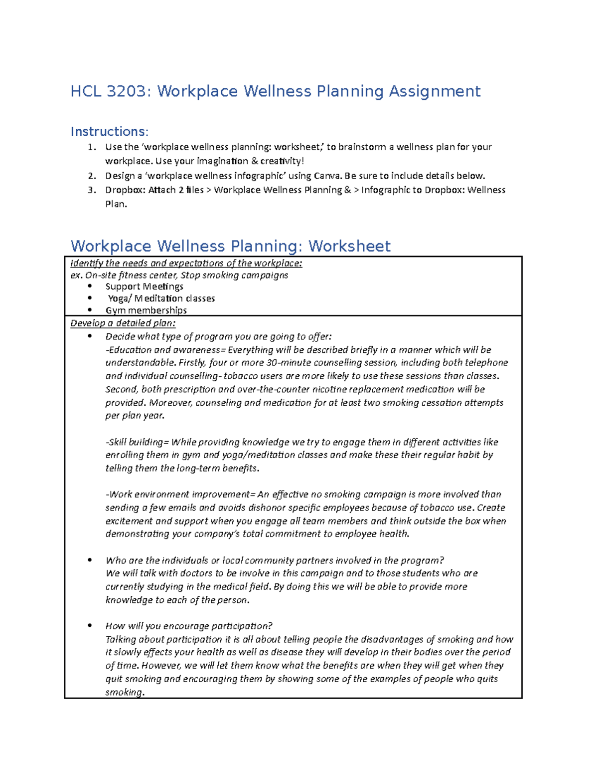 HCL 3203 Workplace Wellness Assignment - HCL 3203: Workplace Wellness ...