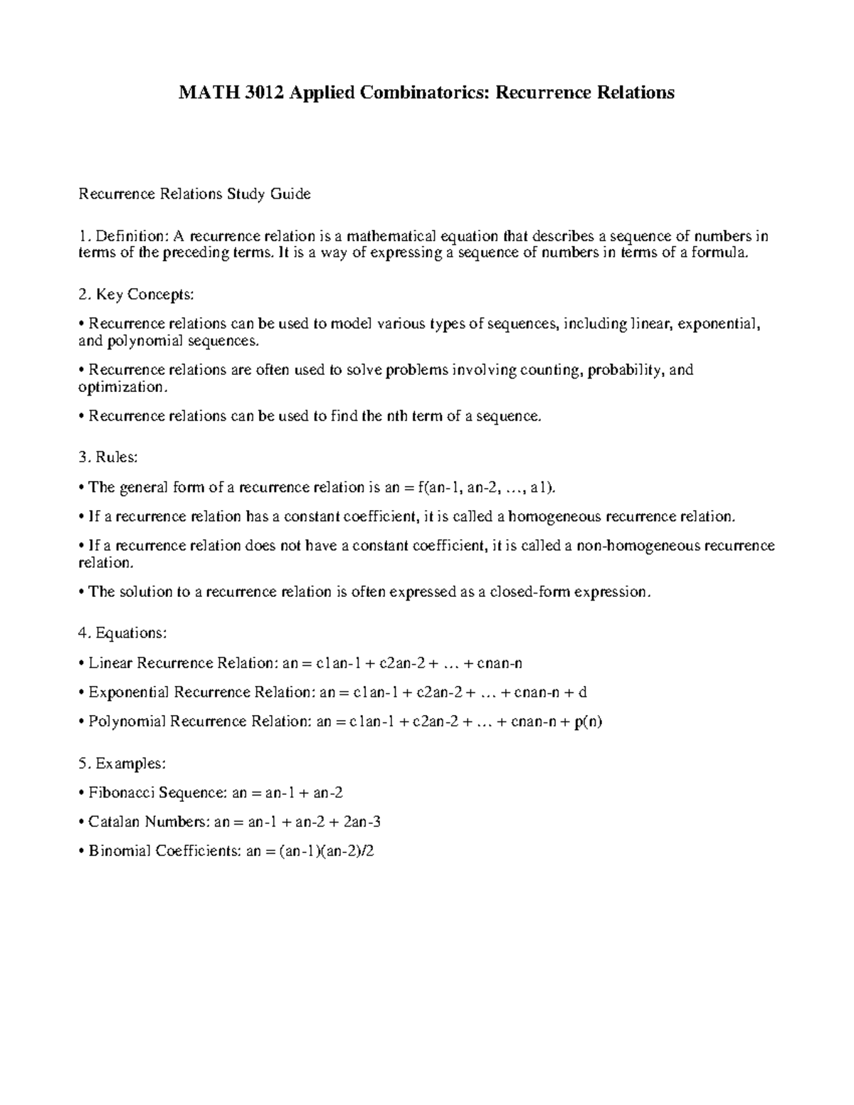 Math 3012 Applied Combinatorics Recurrence Relations Classnotes