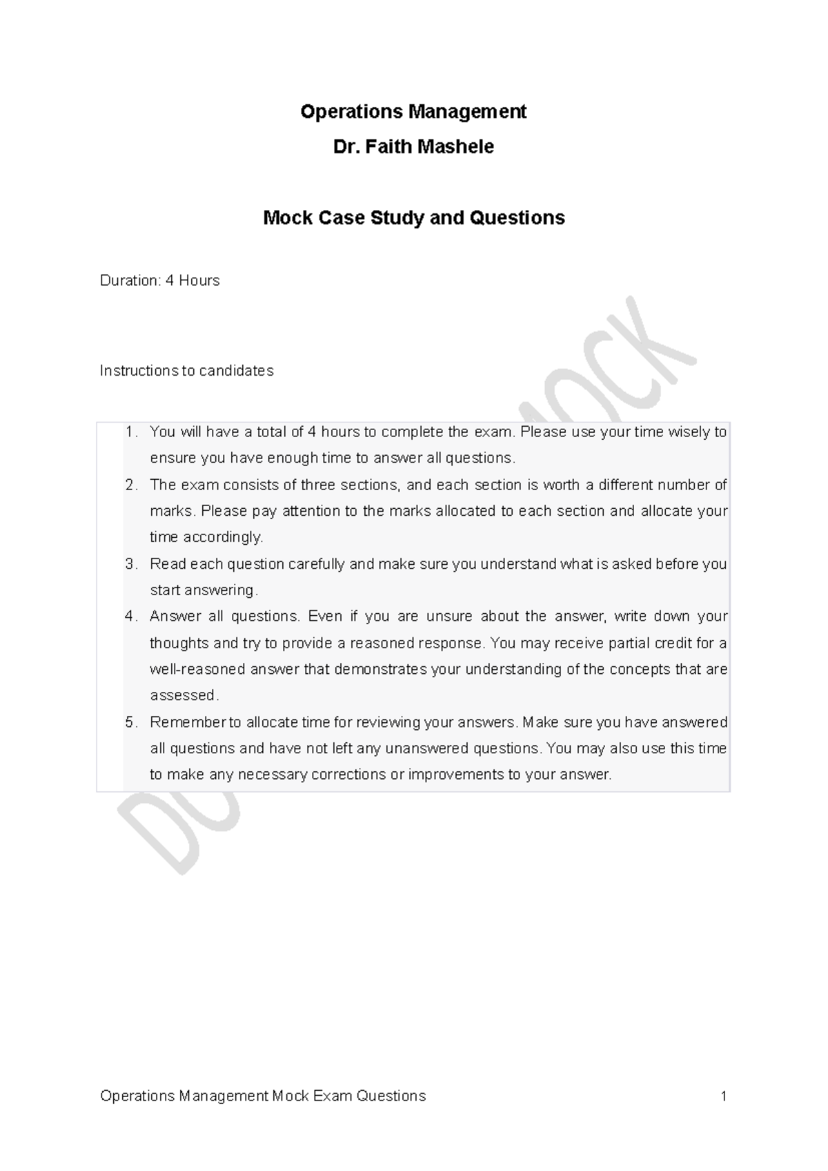 Operations Management Sample Exam - Operations Management Dr. Faith ...