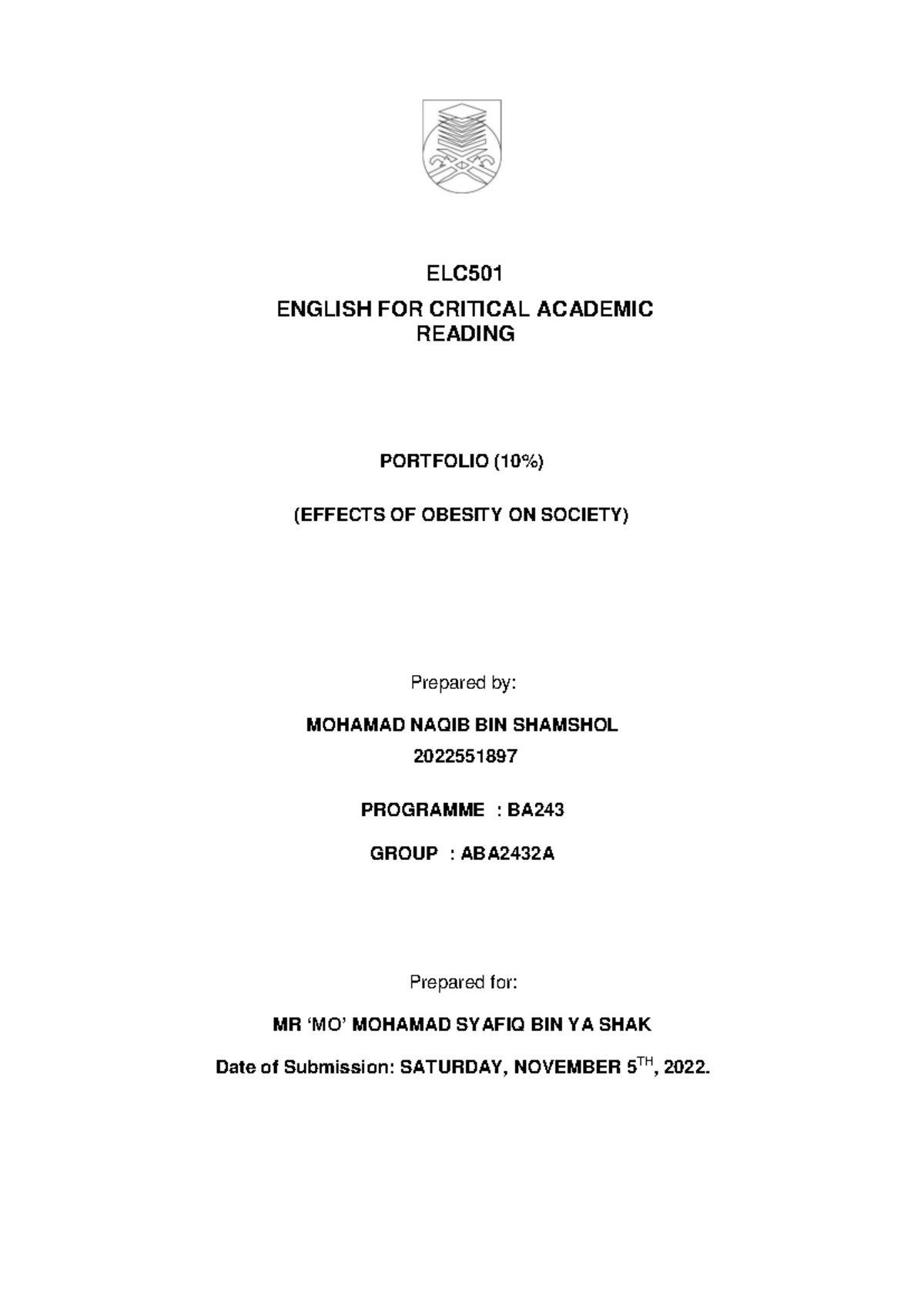 Portfolio A BA243 2A Naqib - ELC ENGLISH FOR CRITICAL ACADEMIC READING ...