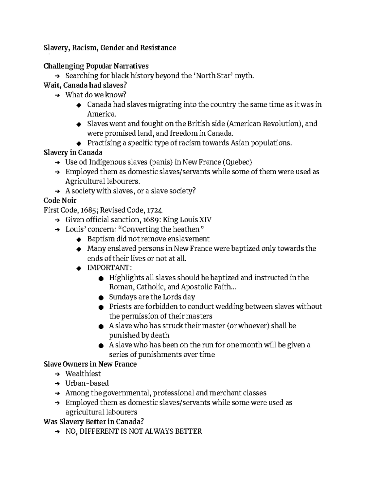 November 15 - Lecture Notes - Slavery, Racism, Gender and Resistance ...