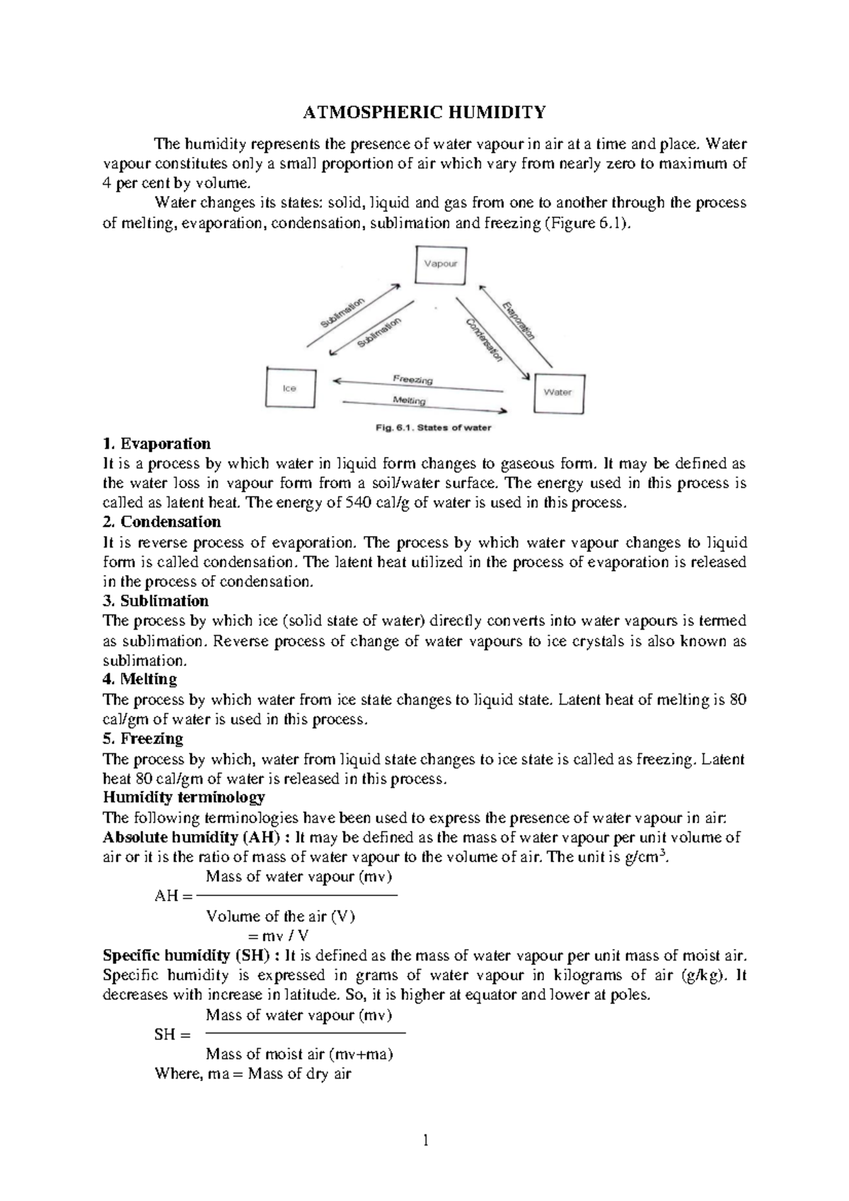 notes on Atmospheric Humidity - ATMOSPHERIC HUMIDITY The humidity ...