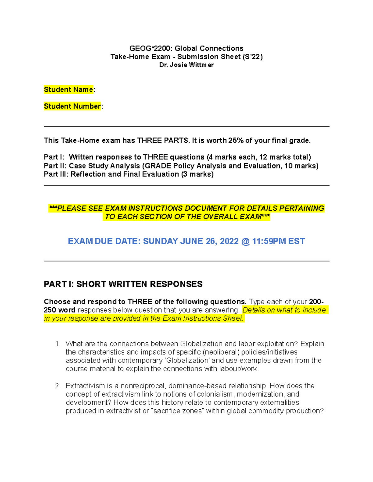 GEOG 2200 Take Home Exam Submission Sheet - GEOG*2200: Global ...