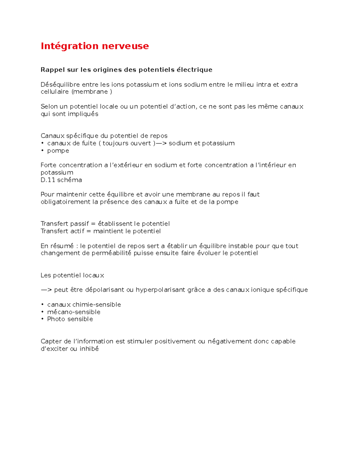 Intégration nerveuse - note de cours sur la plasticité cérébrale le ...