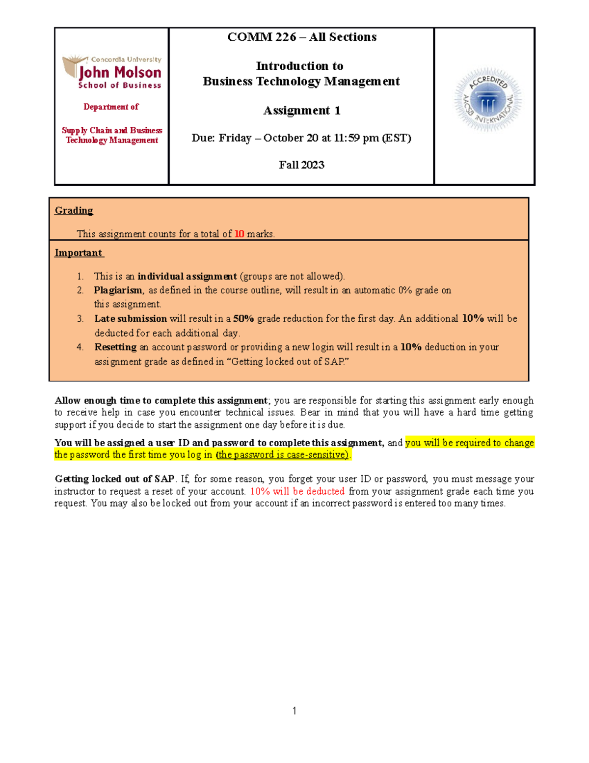 Assignment 1 COMM 226 Fall 2023 - Department of Supply Chain and Business Technology Management ...