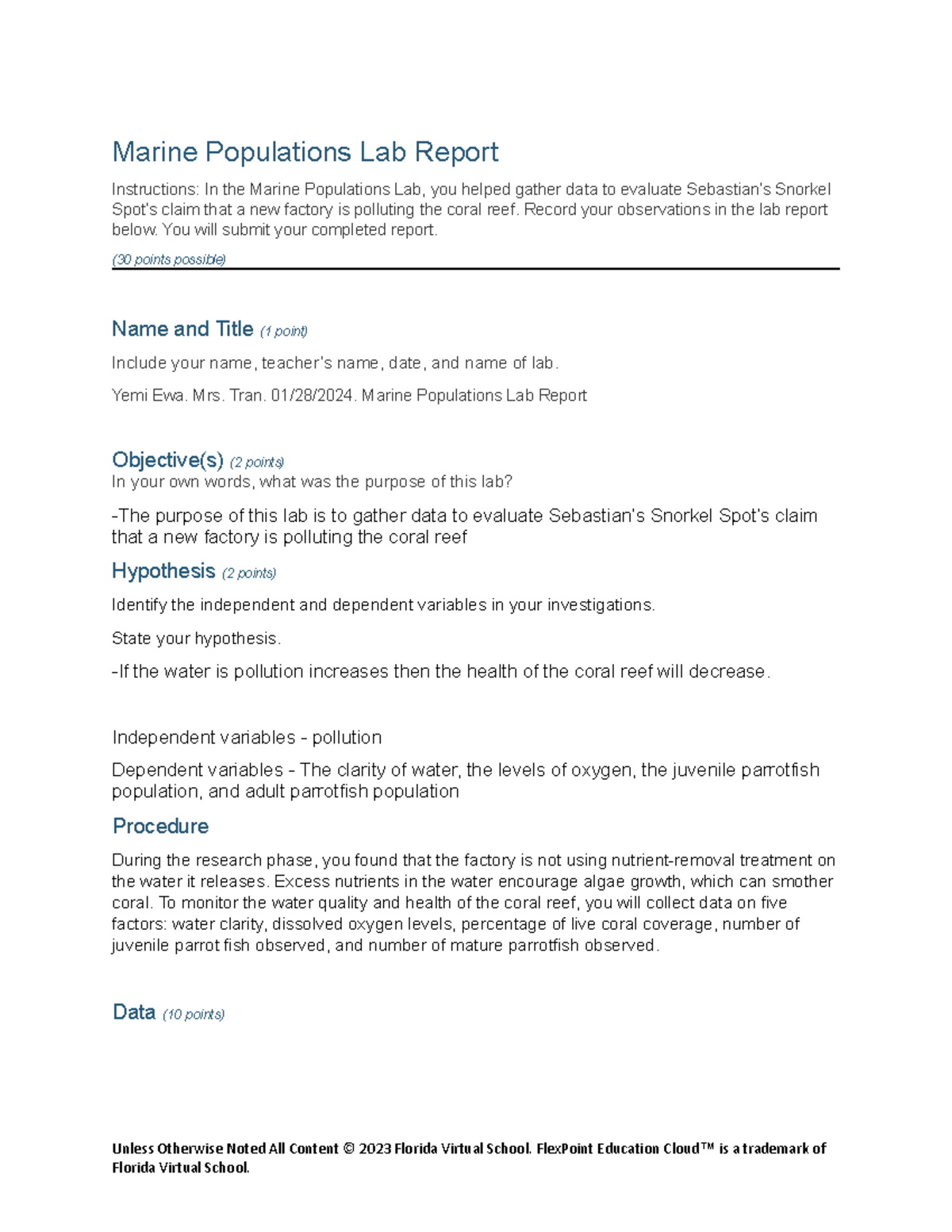 Marine populations lab report - Marine Populations Lab Report ...