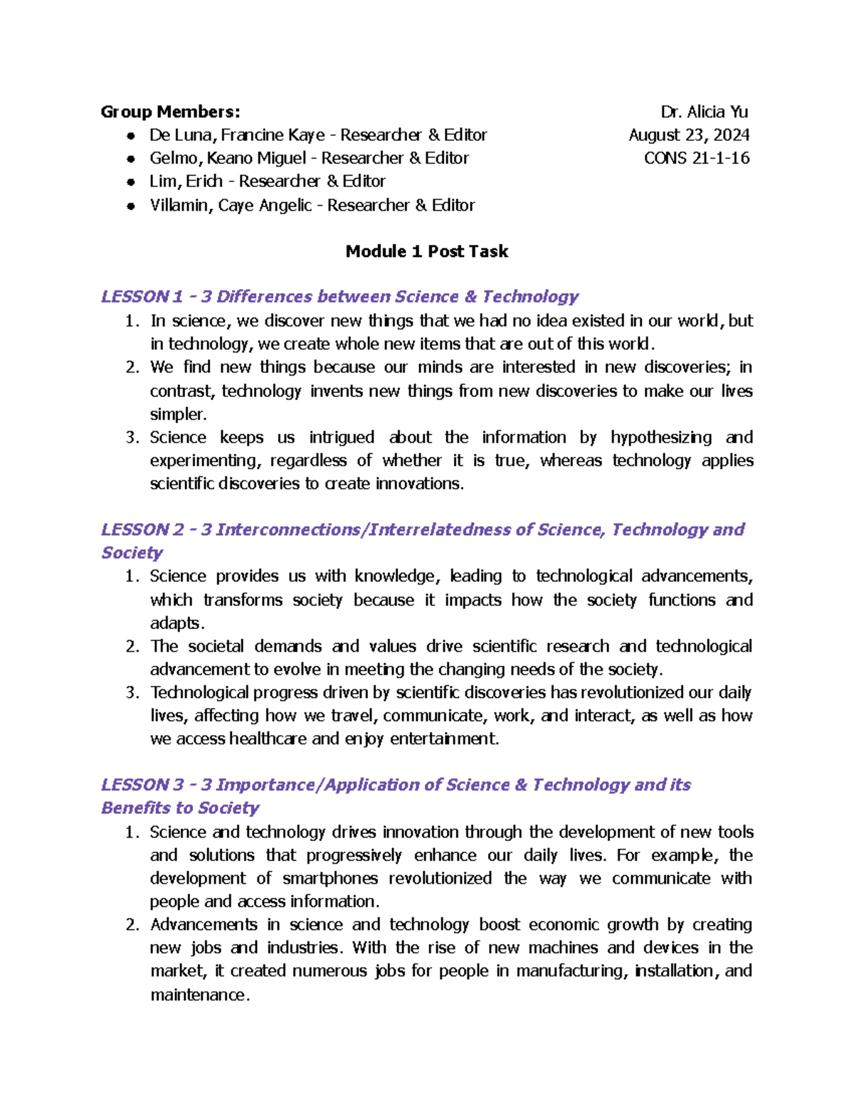 Notes for Science and Technology - Group Members: Dr. Alicia Yu De Luna ...