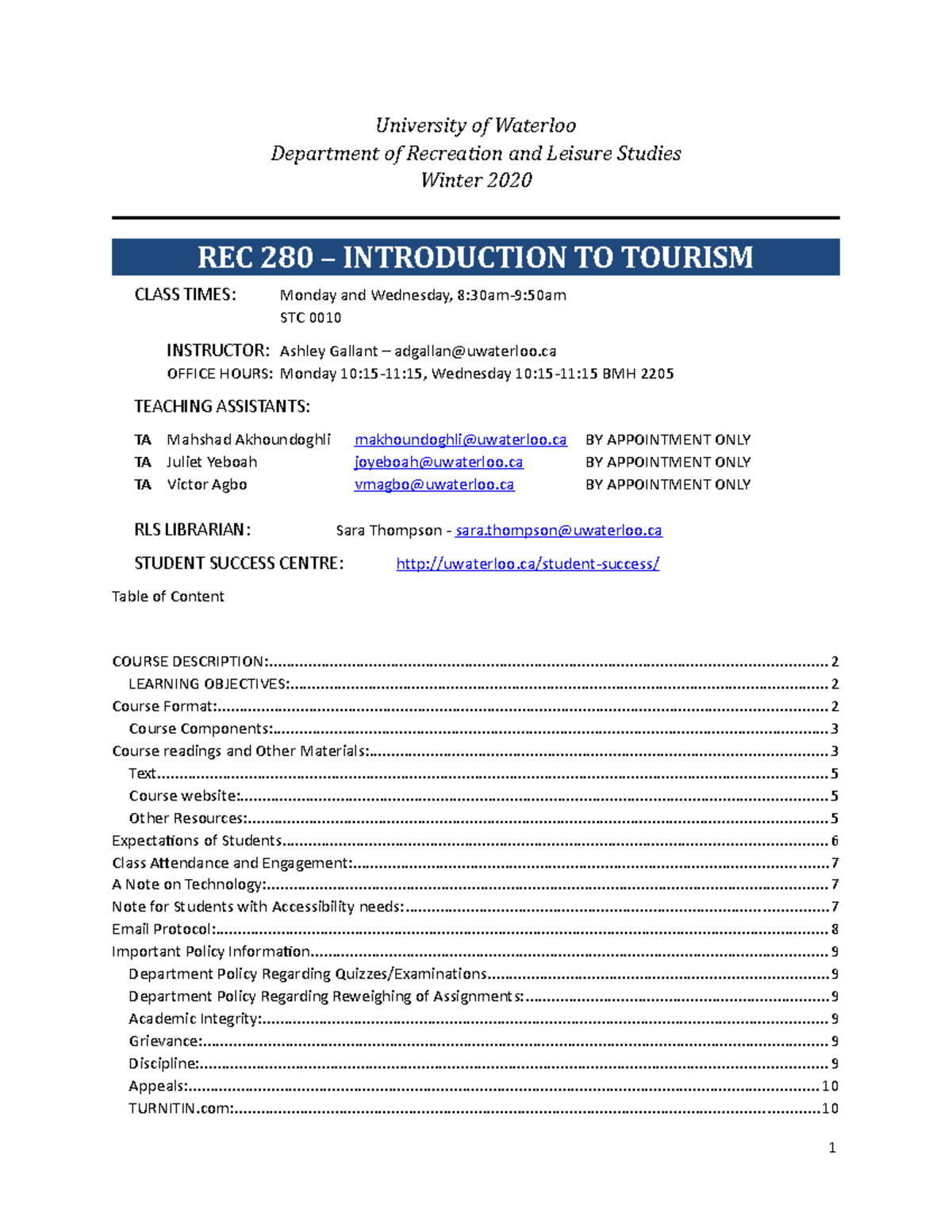 REC 280 Syllabus - W20 Updated - University of Waterloo Department of ...