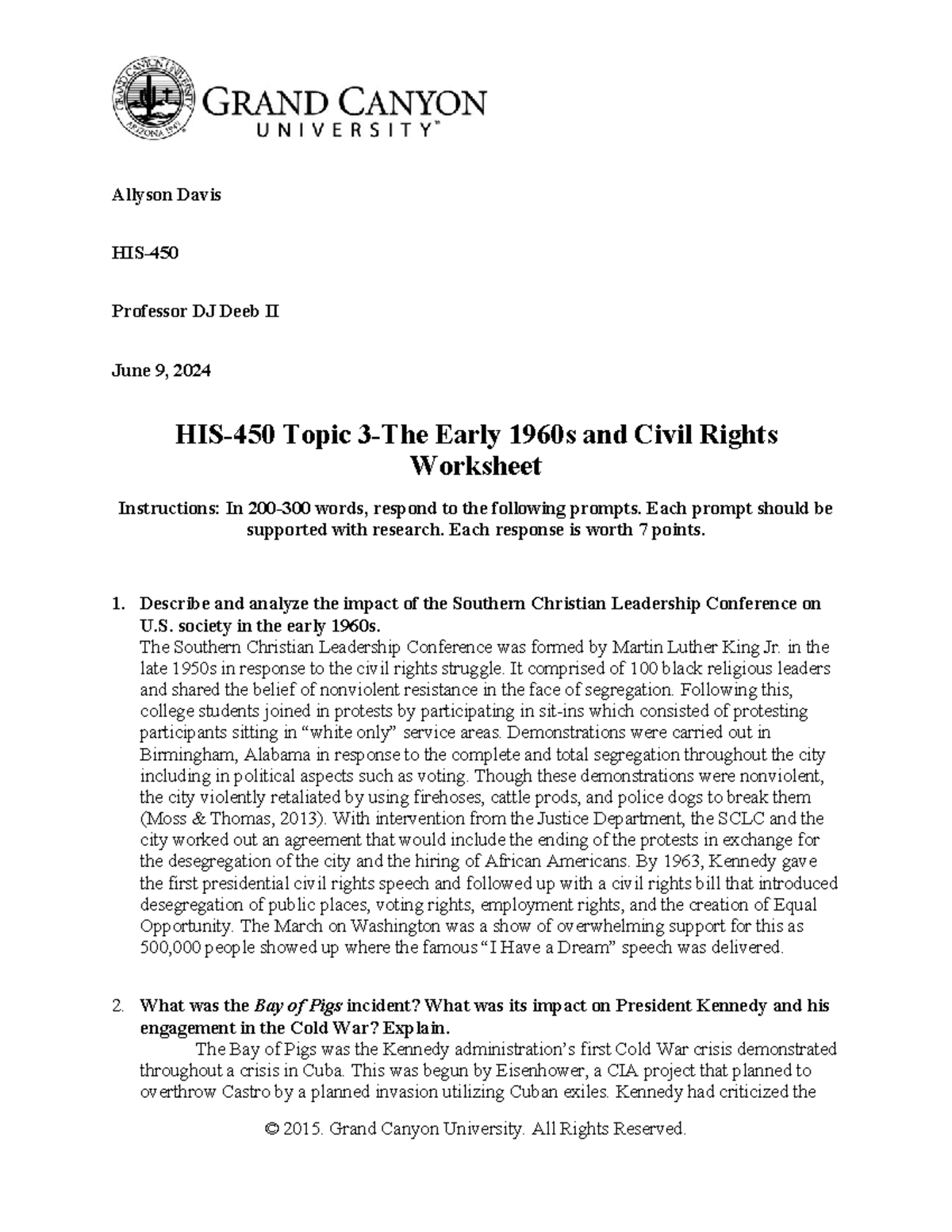HIS-450-RS-T3-The Early 1960sand Civil Rights Worksheet - Allyson Davis ...