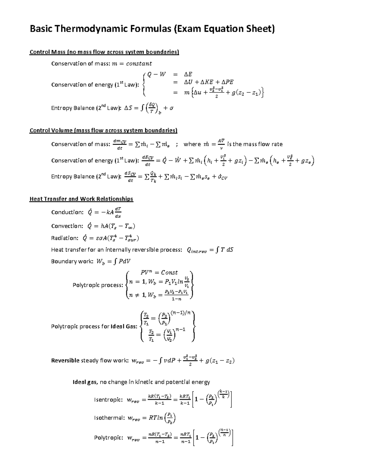 Thermo Equations CH1-CH6 - Basic Thermodynamic Formulas (Exam Equation ...