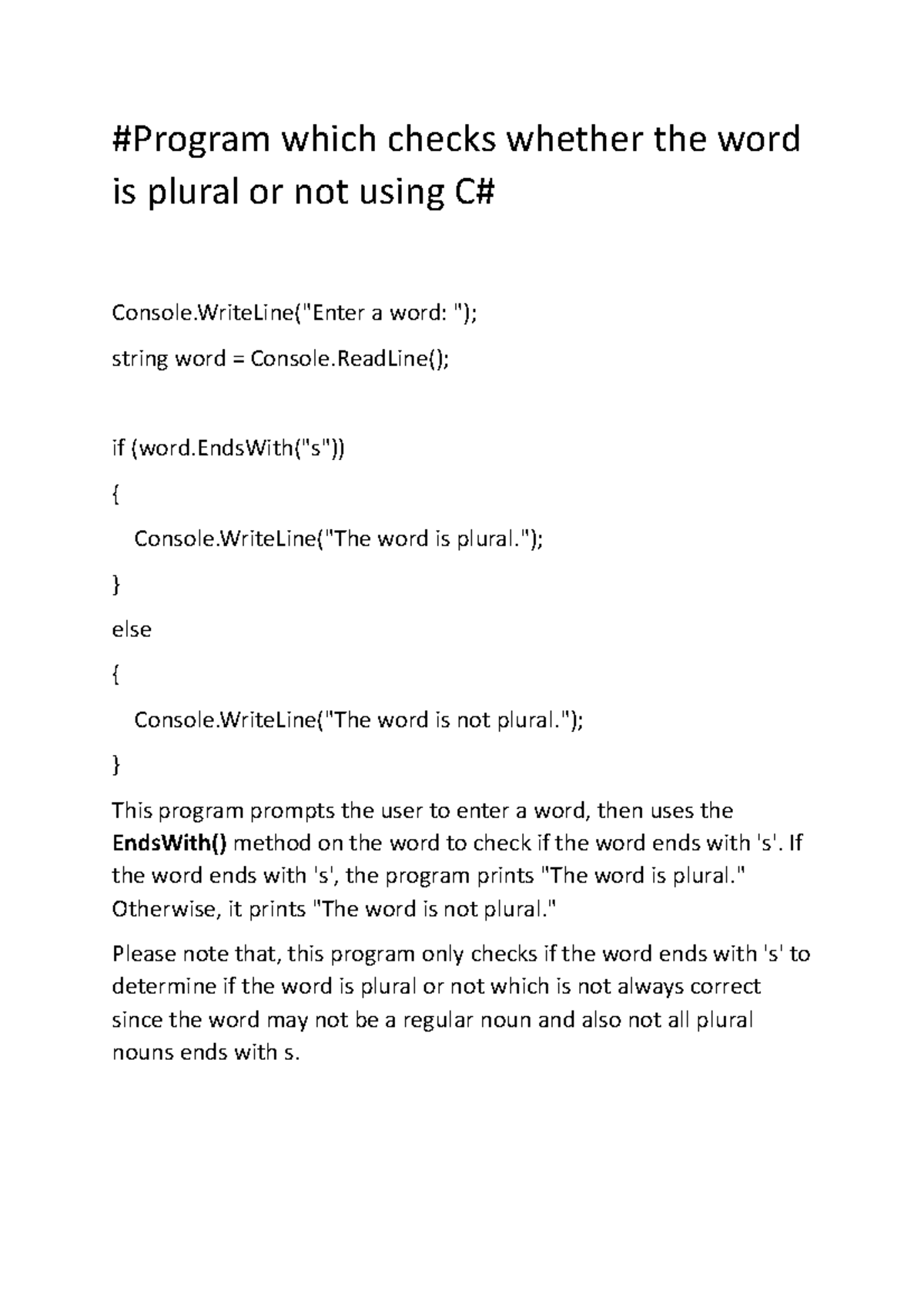 Word is plural or not using- C# - #Program which checks whether the ...