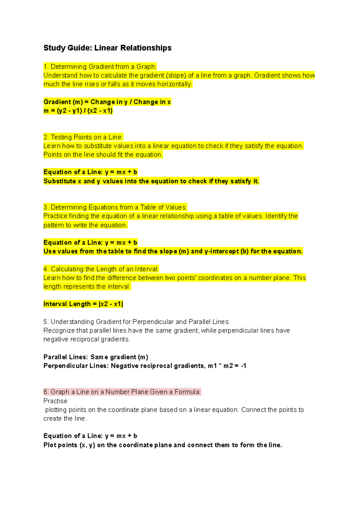 Study guide - Formulas, and understanding liner relationships - Study ...