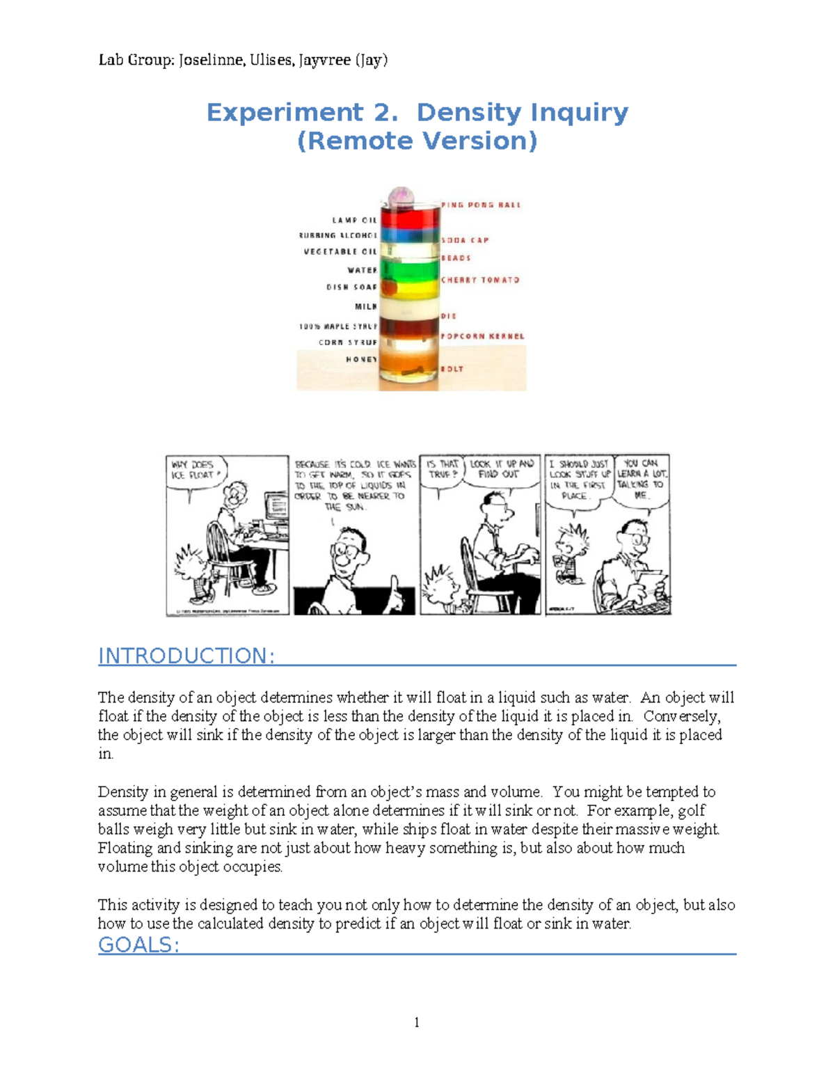 Chem 170- lab 2 - lab hw - Experiment 2. Density Inquiry (Remote ...