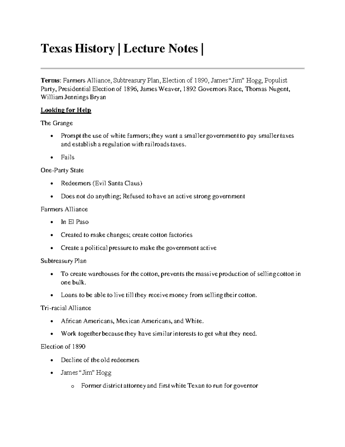 HIST-2301 Notes 15 - Texas History | Lecture Notes | Terms: Farmers ...