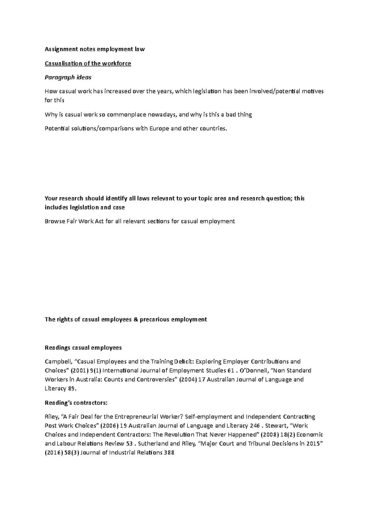 Employment law, casualisation of the workforce (extracts from journal ...
