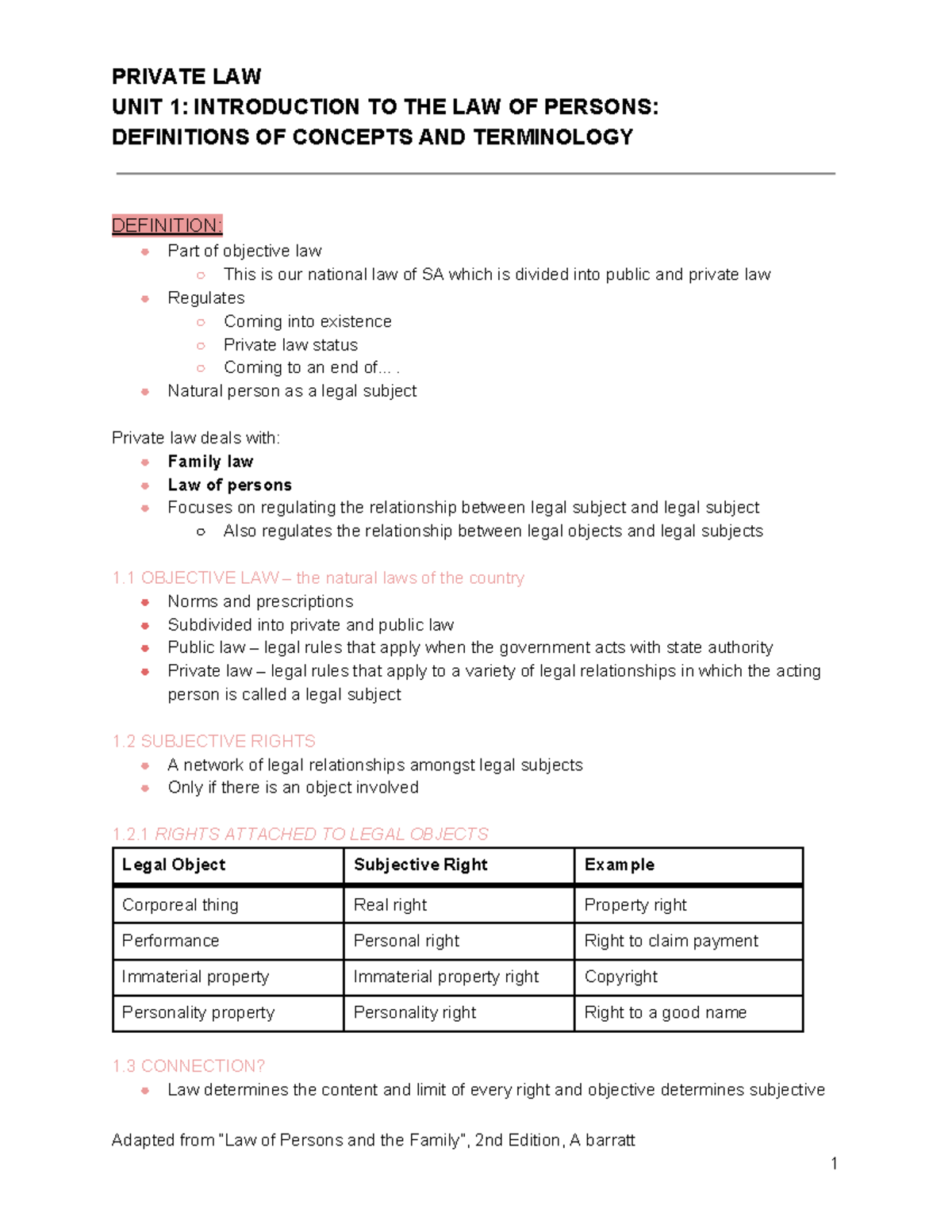Study Unit 1 - Introduction to the law of persons - PRIVATE LAW UNIT 1 ...
