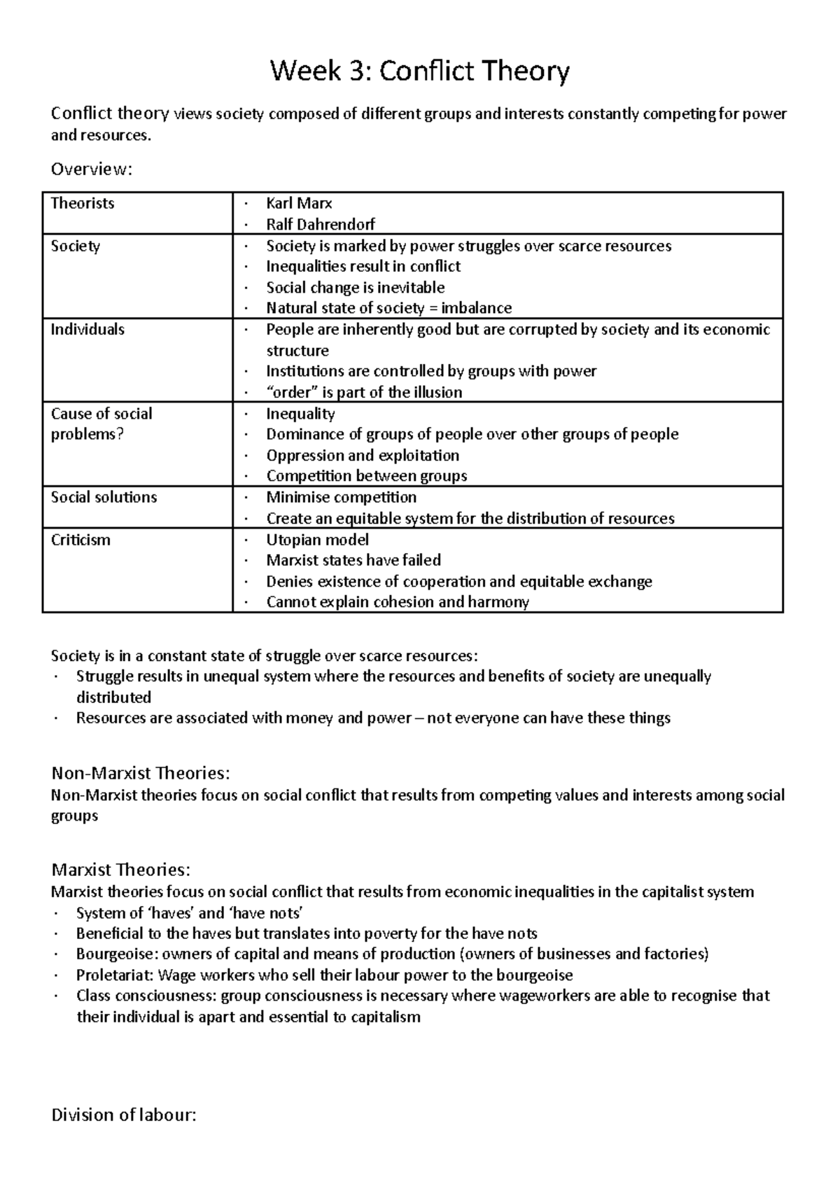 1008 Revision (Lecture Notes) Weeks 3-4 - Week 3: Conflict Theory ...