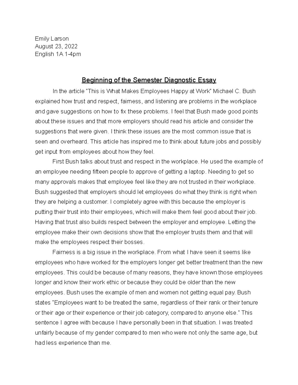 ENGL 1A-Beginning of the Semester Diagnostic Essay - Emily Larson ...