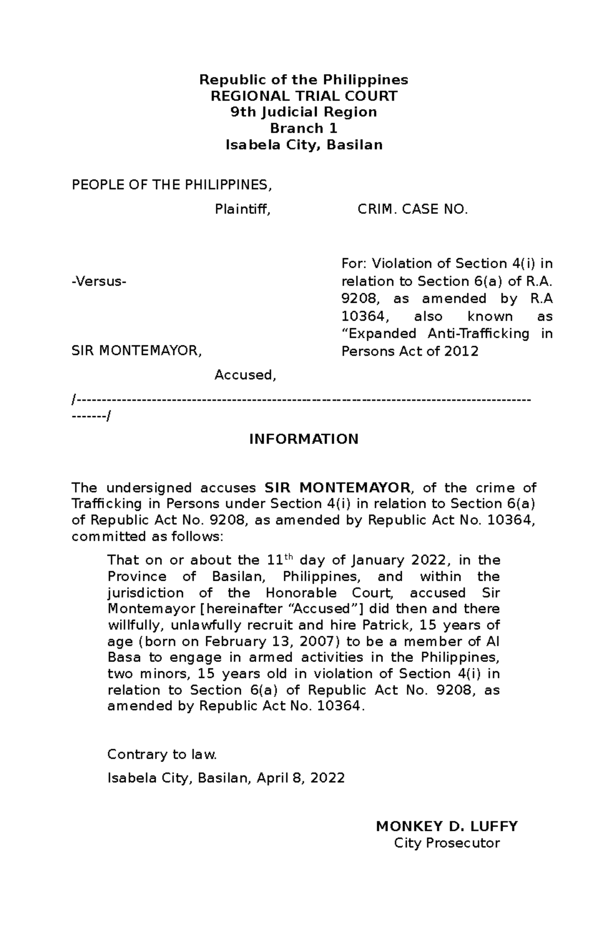 Informations - dadasdsa - REGIONAL TRIAL COURT 9th Judicial Region ...