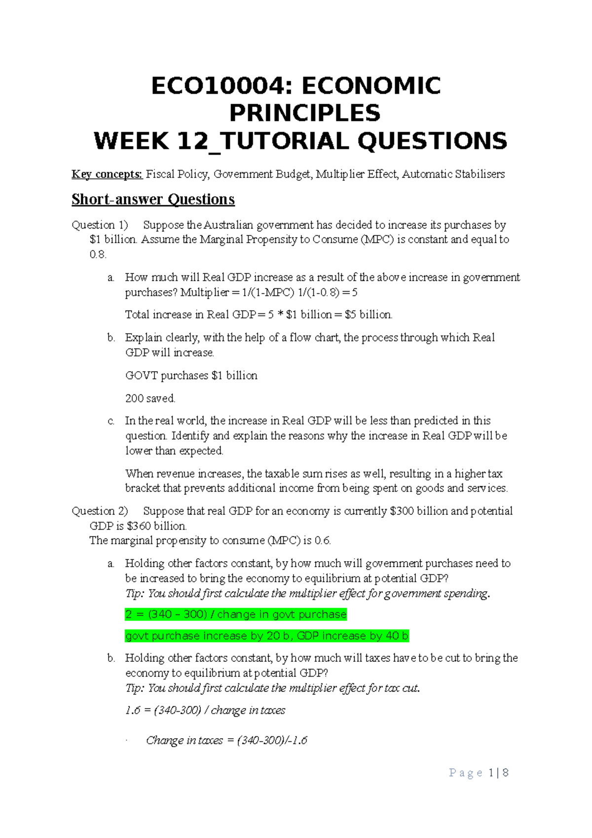 Week 12 Tutorial Questions- asnwered - ECO10004: ECONOMIC PRINCIPLES ...