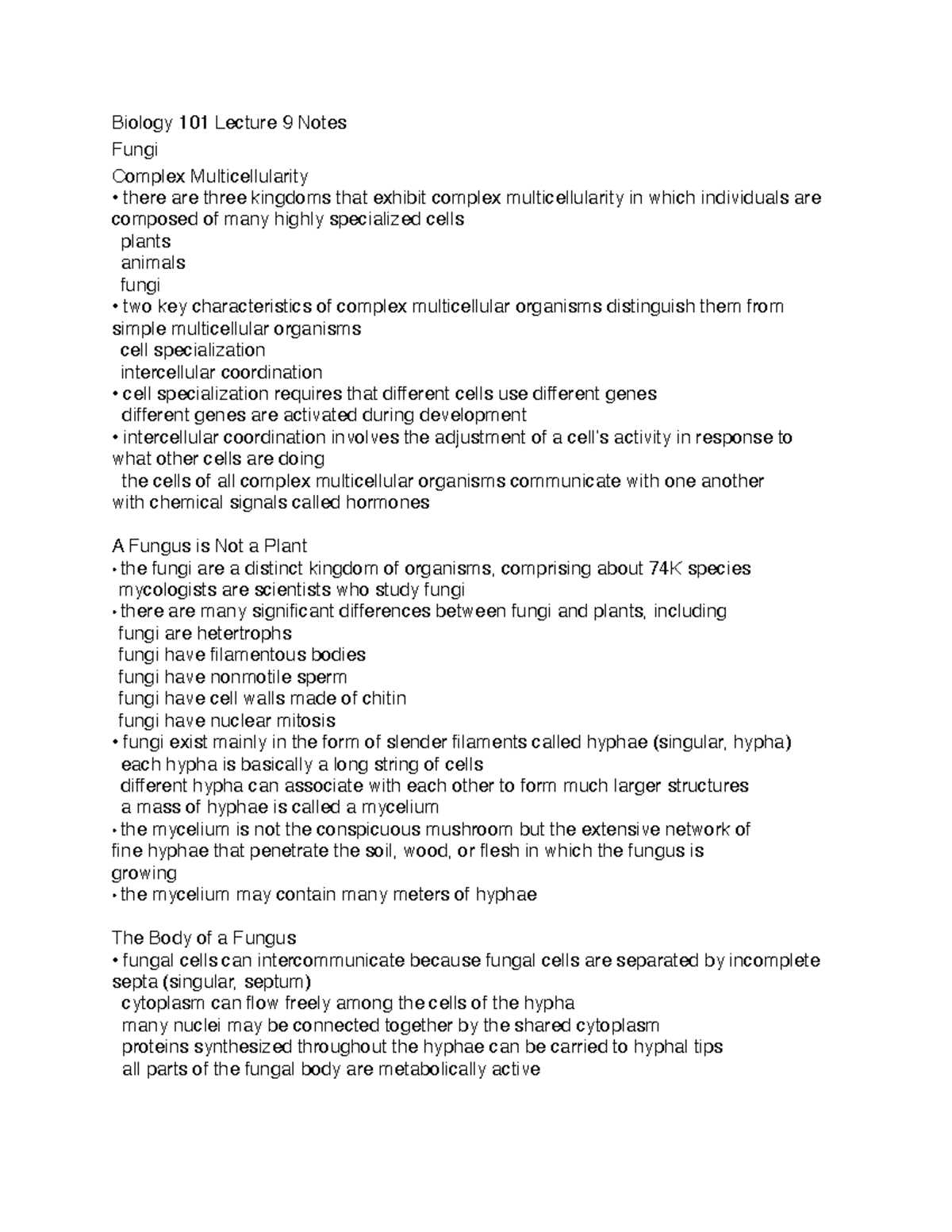 Bio 9 - fungi biology class notes - Biology 101 Lecture 9 Notes Fungi ...