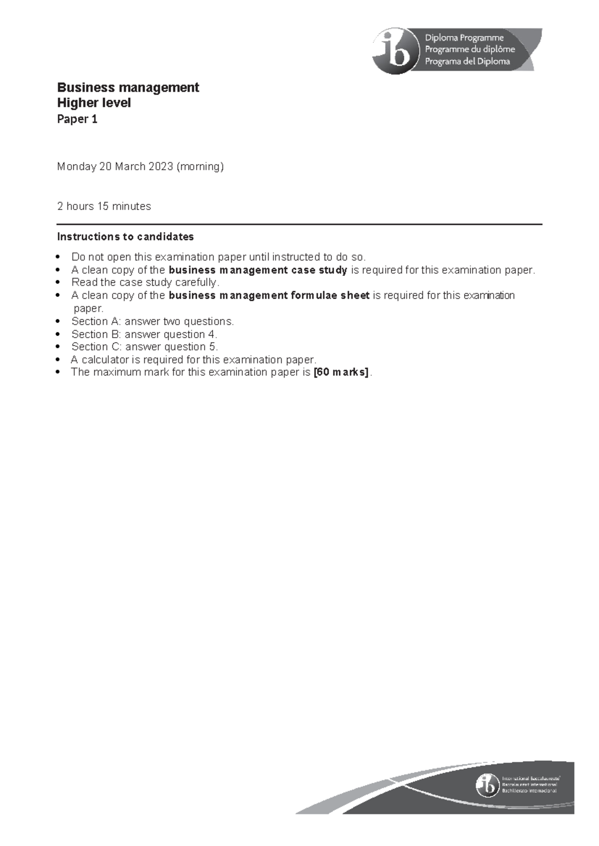 Business Management Paper 1 - Business management Higher level Paper 1 ...